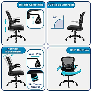 Youhauchair Mesh Office Chair, Ergonomic Computer Chair with Flip-up Arms and Lumbar Support, Height Adjustable Home Office Desk Chairs, Black