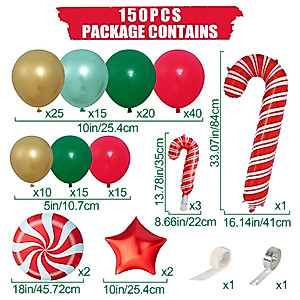 Christmas Balloons Garland Arch Kit, 150Pcs Christmas Garland with Red Green Gold Candy Cane Balloons Red Star Balloons, Christmas Arch for Christmas Party, Xmas Decorations Backdrop for Indoors