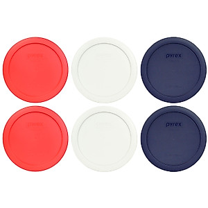Pyrex 7201-PC 4 Cup (2) Red (2) White (2) Dark Blue Round Plastic Lids - 6 Pack Made in the USA