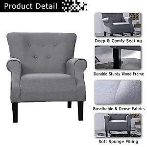 Festival Depot 1 Piece Indoor Modern Fabric Furniture Accent Arm Chair Single Sofa for Living Room Bedroom with Comfortable Seat (Grey)