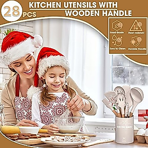 28 Pcs Silicone Cooking Utensils Kitchen Utensil Set - 446°F Heat Resistant, Turner Tongs, Spatula, Spoon, Brush, Whisk, Wooden Handle, Kitchen Gadgets with Holder for Nonstick Cookware (Khaki)