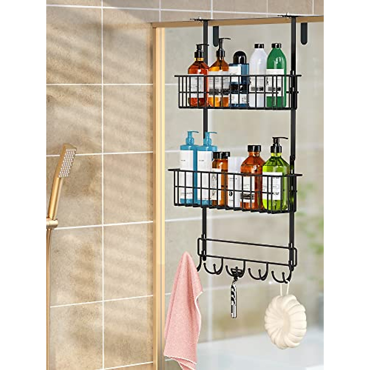 SMARTAKE Shower Caddy Over The Door, Bathroom Shelf with 10 Hooks, Fast-Draining Over Door Bathroom Organizer, Hanging Storage Rustproof for Dorm, Toilet, Bath and Kitchen (Black)