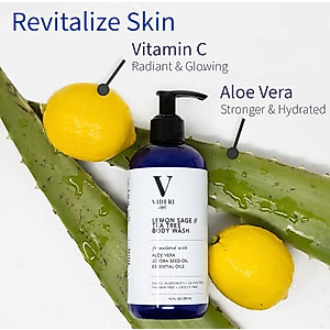 Videri Lemon Sage & Tea Tree Body Wash - Essential Oils, Aloe Vera & Jojoba - Antioxidant Rich, Gentle on Skin & Fresh Citrus Scent - Cruelty, Sulfate & Paraben Free, Vegan, Large 12 fl oz