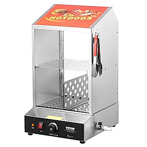 VEVOR Hot Dog Steamer, 39QT, 2-Tier Hot Dog Hut Steamer, 86℉~185℉ Temperature Control, Electric Bun Warmer with Tempered Glass Slide Doors Partition Plate Tong, Stainless Steel, for Hot Dogs & Buns