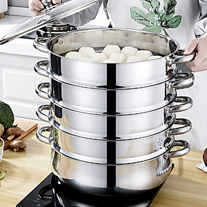 Luxshiny Steamer Pot Stainless Steel Steamer Pot, 5 Tier Stockpot Steaming Cookware Vegetable Dumpling Steaming Pot for Home Kitchen (28CM) Cooking Pot