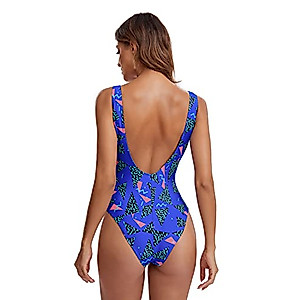 MIAIULIA Women's Retro 80s/90s Inspired High Cut Low Back Padding One Piece Swimwear Bathing Suits 90s Pattern RoyalBlue S