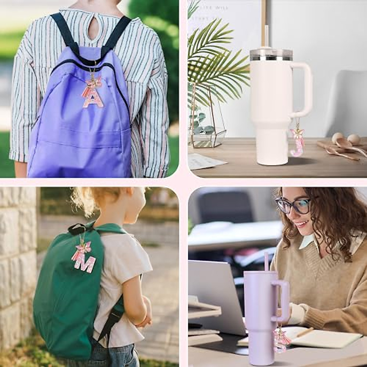 Vmini Letter Charms Accessories for Stanley Cup with Handle, Pink Initial Charm for Bogg Bag, Cute Keychain Handle Charm Decor for Stanley & HydroJug & Brumate Tumbler with Pink Butterfly & Tassel (C)