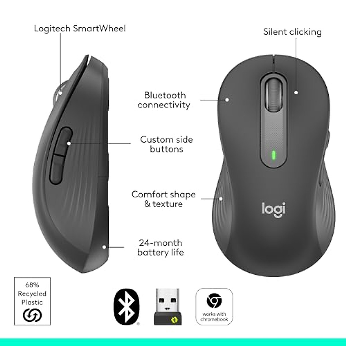 Logitech Signature M650 L Left Wireless Mouse - For Large Sized Left Hands, 2-Year Battery, Silent Clicks, Customizable Side Buttons, Bluetooth, for PC/Mac/Multi-Device/Chromebook - Graphite