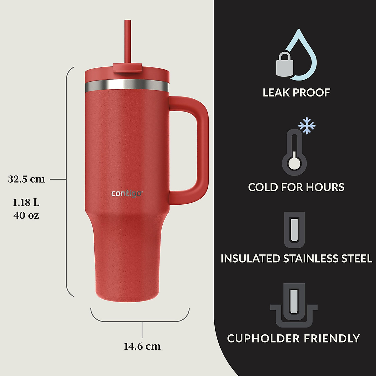 Contigo Streeterville 40oz Tumbler, Stainless Steel Vacuum Insulated, Leak-Proof, Cold for 29 Hours,Goji Berry