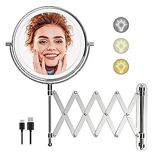 Rechargeable Wall Mounted Makeup Mirror - 8 Inch Double Sided 1X/10X Magnifying Mirror with 3 Color Lights Dimmable Touch Screen, 360°Swivel 19.6 Inch Extendable Mesh Bathroom Mirror - Chrome