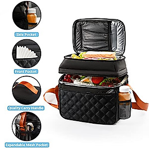 BAGSPRITE Lunch Bag for Women Men, Double Deck Lunch Box with Ice Pack, Insulated Lunch Bag Women for Work, Leakproof Cooler Tote Bags, Thermal Kids Lunch Box for School, Black