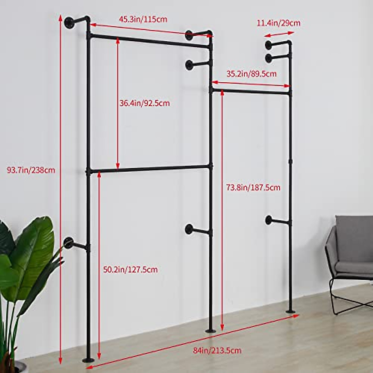 EDCB Wall Mounted Industrial Pipe Clothing Rack Garment Rack Pipeline Vintage Rolling Rack On Wall, Heavy Duty Rustic Gold Metal Garment Frame for Bedroom, Living room (Black)