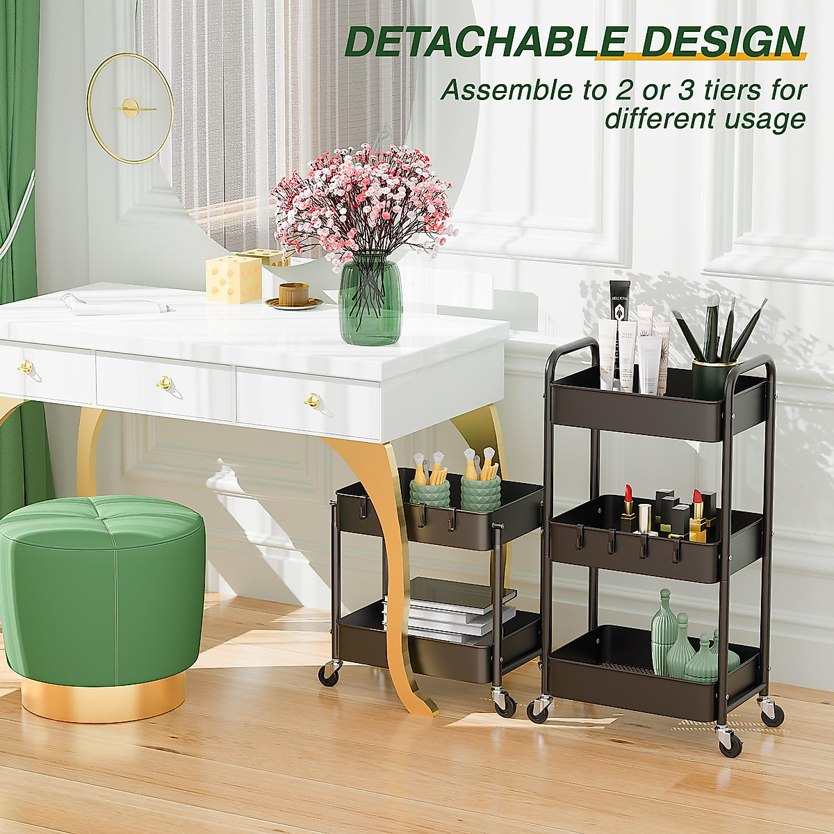 LEHOM 3 Tier Rolling Utility Cart, Metal Trolley Cart with Wheels, Hooks, Easy Assembly Organizer Storage Cart for Bathroom, Kitchen, Office, Bedroom(Black)