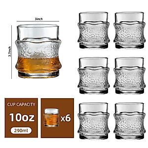 PTSTING Whiskey Glasses 10 oz Old Fashioned Whiskey Glasses Scotch Glasses Set of 6 Rocks Glass for Scotch Bourbon Whisky Cocktail Cognac Vodka Gin Tequila Rum Liquor Rye