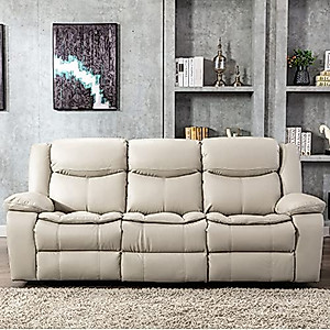 Familymill Breathable Leather Manual Reclining 3-Seat Sofa, Cream
