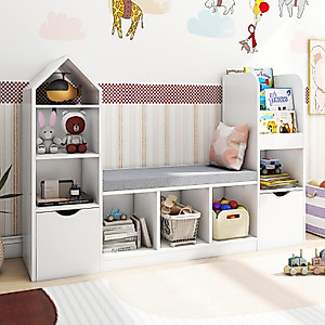 Vabches Kids Bookcase and Bookshelf with Reading Nook, Multifunctional Bookcase with 7 Storage Cubbies 2 Movable Drawers, Bookcase with Seat Cushion for Toy Storage Organizer Children's Room, Bedroom
