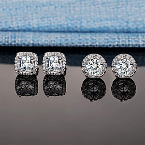 18K White Gold Plated Round Square Cubic Zirconia Simulated Diamond Halo Stud Earrings (2 Pairs)