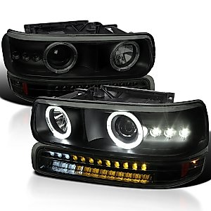 Spec-D Tuning Smoke Lens LED Halo Projector Headlights + LED Bumper Lights Compatible with 1999-2002 Chevy Silverado 1500/1500HD/2500/2500HD/3500 Left + Right Pair Headlamps Assembly