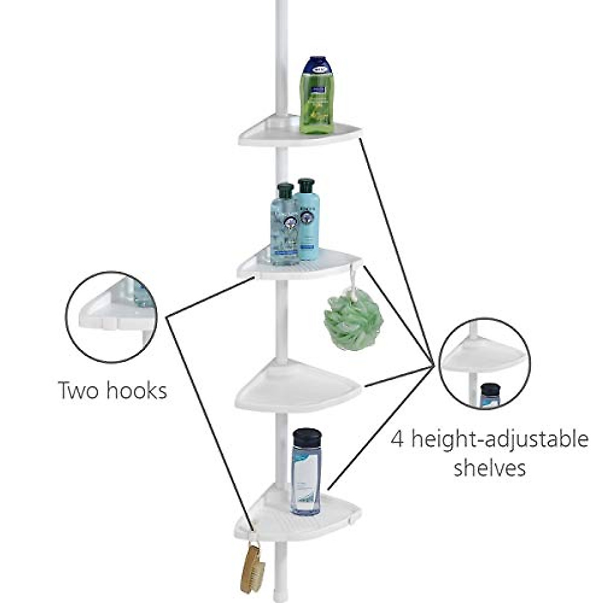 WENKO, White, Tension Pole, Caddy, Corner Shower Storage, 4 Shelves, 4 Hooks, Dimensions 10.2 x 30.7-108.3 x 7.7 108.3 x 7.7 inch