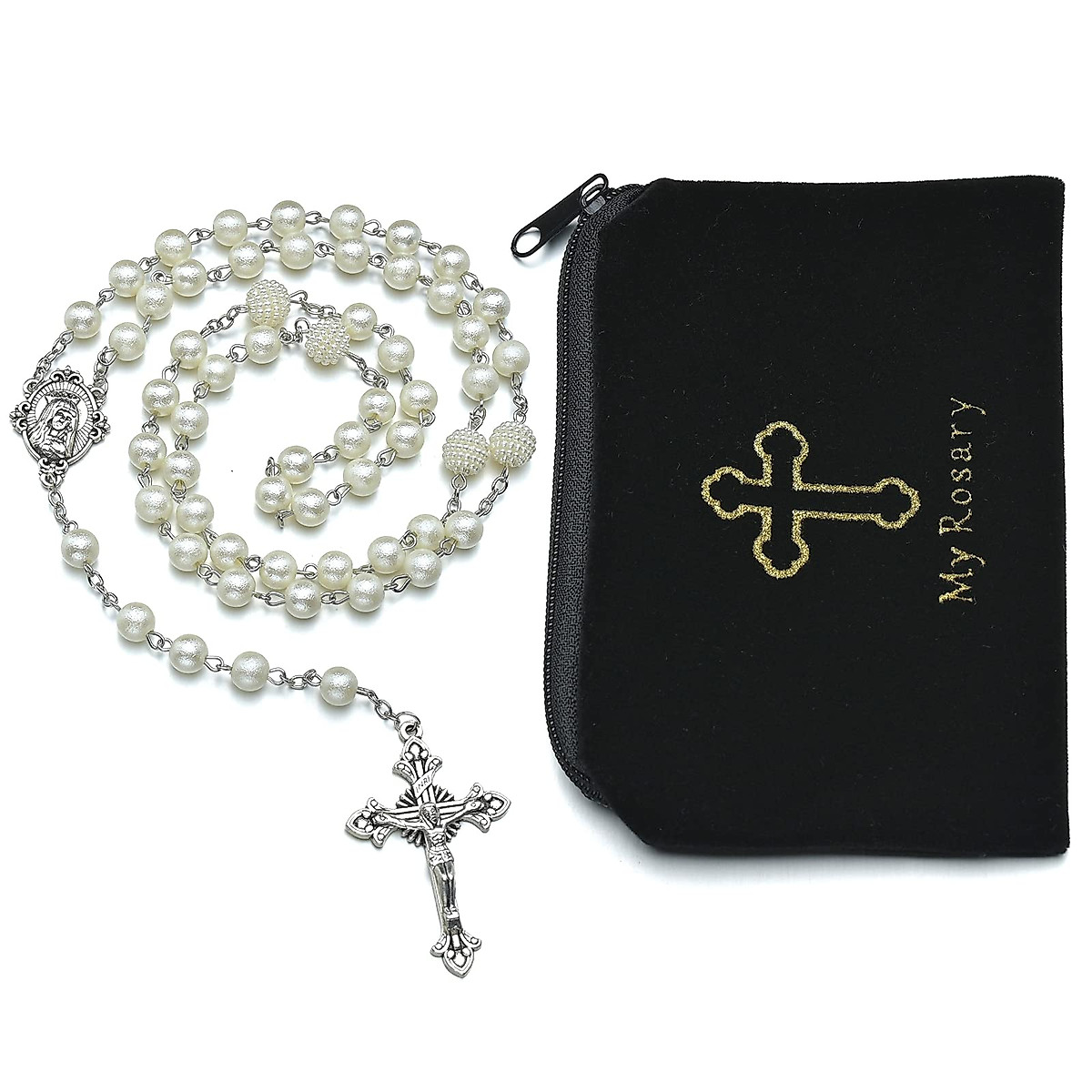 8mm Rosary Beads Necklace White Glass Pearl Catholic Prayer Alloy Cross Necklaces with Jesus Crucifix Fit for Girls Women Religious Gifts Rosaries(Customized velvet bag)