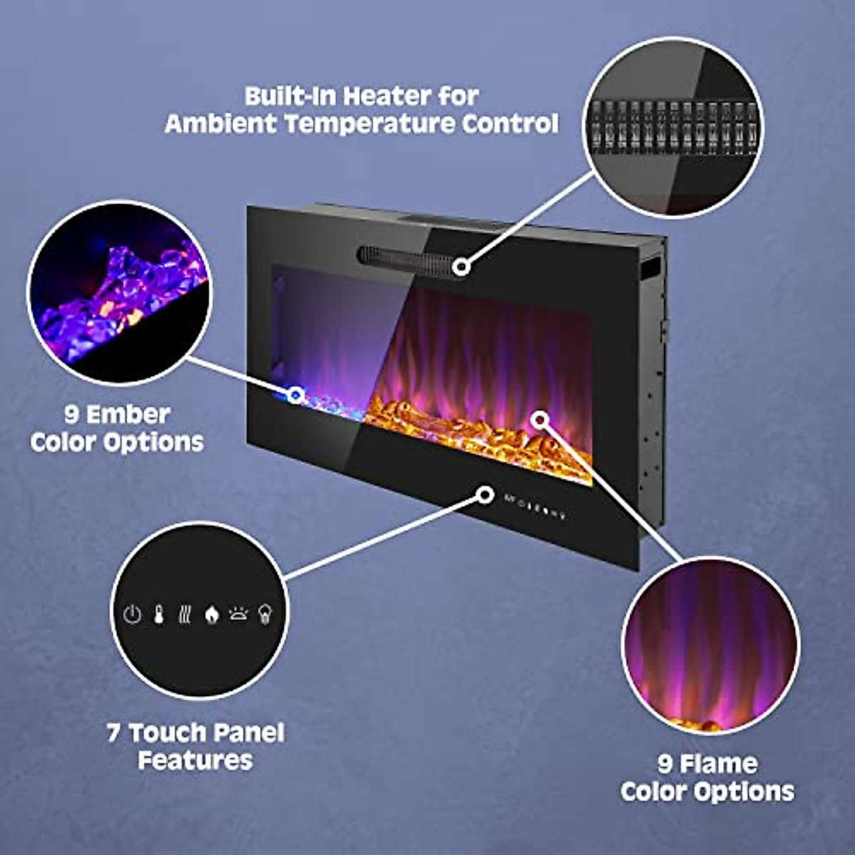 Prominence Home LED Slim Design Electric Fireplace Insert and Wall Mounted Fireplace with 1500 Watt Heater, Log & Crystal Ember Options, Adjustable Realistic Flame and Remote Control, (36 Inch)