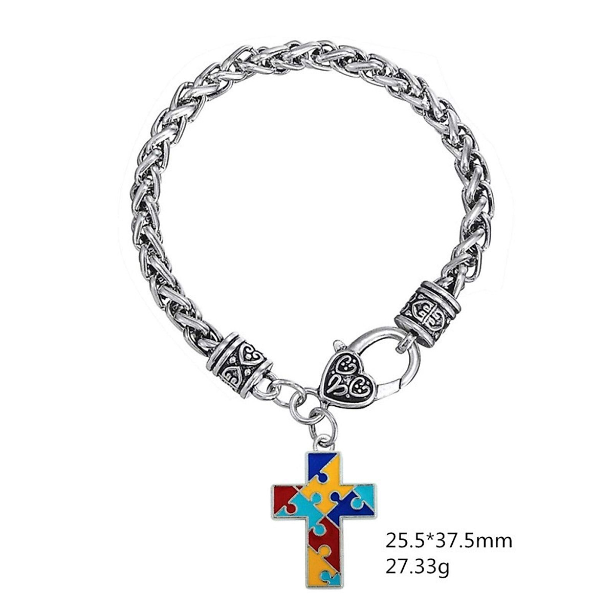 Autism Awareness Bracelets Puzzle Jigsaw Love Heart Cross Charm Bracelet Teach Love Autism Puzzle Pieces Classic Charms Bracelet Autism Awareness Jewelry Appreciation Gift-Cross