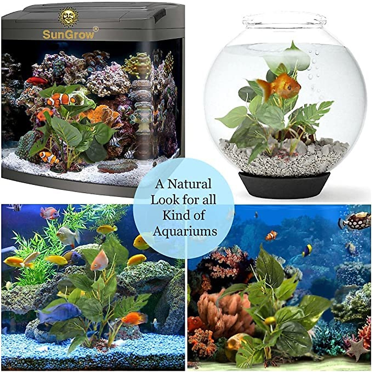 SunGrow 10" Plastic Leaf Plant, Heavy-Duty Ceramic Base, Hiding Spot for Fish, Betta, Angelfish, Gold Fish, Frog, Python, Reptiles, Amphibians