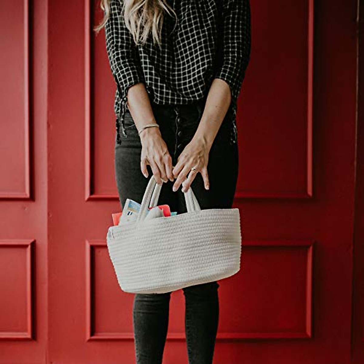 Parker Baby Rope Diaper Caddy Organizer - Nursery Storage Bin and Car Organizer for Diapers and Baby Wipes - Diaper Organizer for Baby Essentials - White