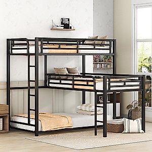 BIADNBZ Twin Size Triple Bunk Bed, Metal L-Shaped Bedframe, for Kids Teens Adults Bedroom, Space Saving, Black