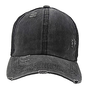 KKMKSHHG Criss Cross Baseball Caps, Women Ponytail Mesh Hat Distressed High Messy Bun Trucker Ponycap Black