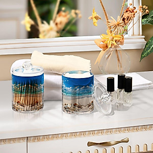 GOODOLD Beautiful Beach Scene Qtip Holder 2 Pack - 10 Oz Clear Plastic Apothecary Jar Set for Bathroom Organization - Versatile Canister Storage for Cotton Balls, Swabs, Rounds