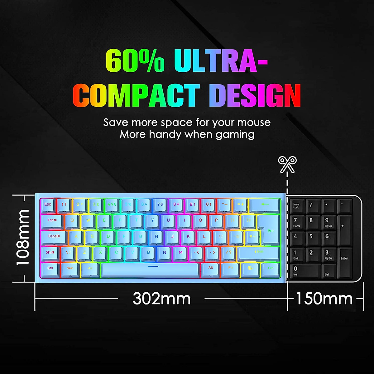 MAGIC-REFINER 60% Mechanical Gaming Keyboard Red Switch Mini 62 Keys Wired Type C 14 Backlit Effects,Lightweight RGB 6400 DPI Honeycomb Optical Mouse Mouse pad for Windows & Mac PC Gamer(Blue)