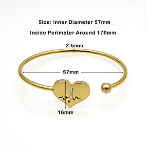 AOCHEE Heartbeat EKG Adjustable Silver Gold Open Cuff Heart Bangle Bracelet