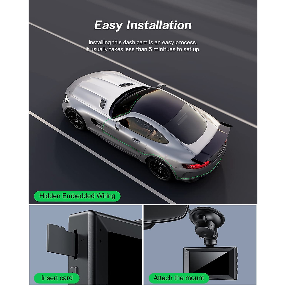 Mini Dash Cam - Front and Rear 2K Surfola Dual Car Camera 2560x1440P, 3" inch IPS Screen, 170° Wide Angle, Parking Mode, WDR, Accident Record