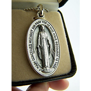 CB Silver Toned Base Oval Virgin Mother Mary Madonna Medal, 1 1/2 Inch