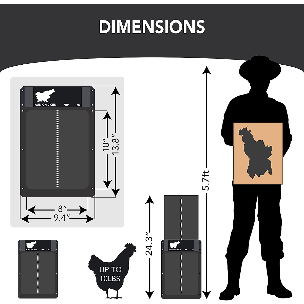 RUN-CHICKEN Door (Gray) Automatic Chicken Coop Door, Programmable with App, Battery Operated, Evening and Morning Delay, Aluminum Door, Electric Chicken Run Door, Model T50