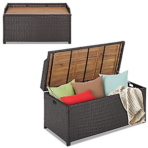 HAPPYGRILL Patio Storage Bench Rattan Wicker Deck Box with Acacia Wood Seat, Gas Strut, Zipper Liner, Handles, Outdoor Storage Container for Patio Furniture Cushions Pillows