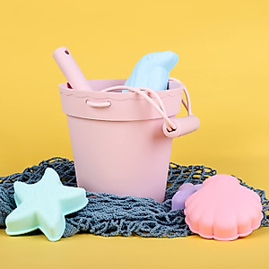 BLUE GINKGO Silicone Beach Toys - Modern Travel Friendly Beach Set | Bucket, Shovel, 4 Sand Molds, Beach Bag | Sand Toys for Toddlers, Kids - Pink