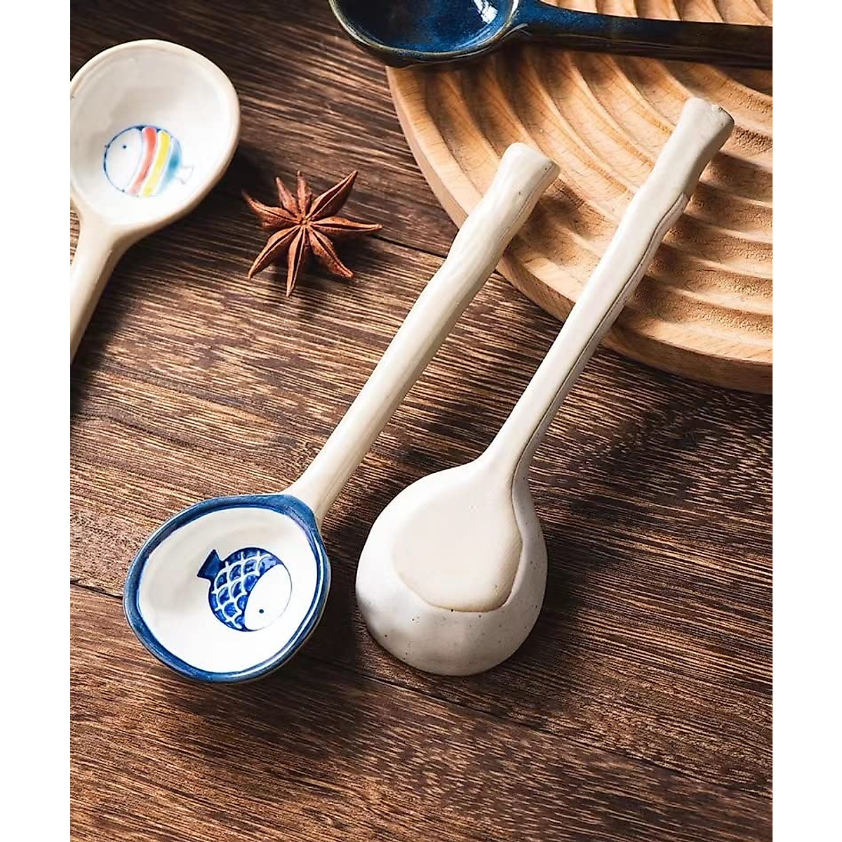 YUURAIN VUVU Japanese Large Spoon, Handmade Long Handle Asian Spoons, Retro Ceramic Spoons, Ramen Spoons, Pho Spoons, Large Soup Spoons with Cute Hand-Painted Pattern, Hand-Kneaded (2 Pieces) - D