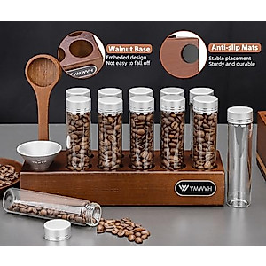 YMWVH Coffee Bean Storage Glass Tubes Single Dose, 12PCS Coffee Bean Cellar Container Vials With Lids (2 Oz) Wooden Display Stand And Funnel Coffee spoon