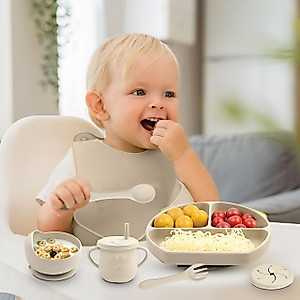 Baby Feeding Set Silicone Suction Bowls-Sippy and Snack Cup-Divided Plate-Feeding Eating Utensils Set with Bibs (Pink)