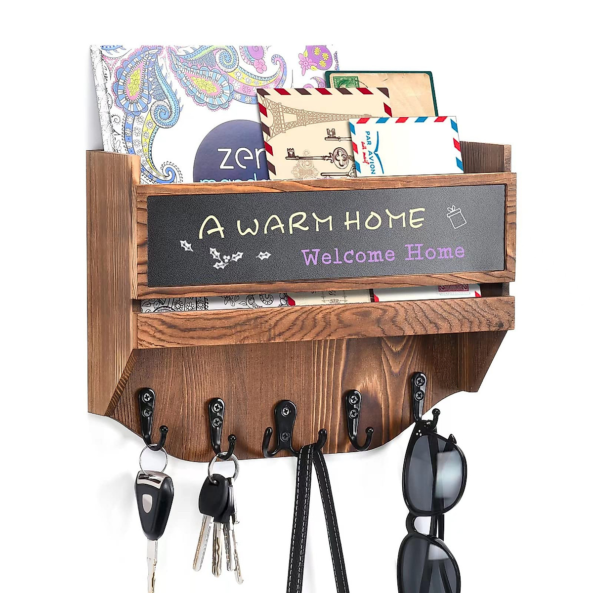 BKCOYSJ Wooden Key and Mail Holder for Wall with 6 Hooks and Chalkboard Wall Mount Mail Organizer Key Rack for Hallway Bedroom and Living Room (Brown)