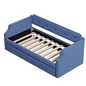 Harper & Bright Designs Twin Size Upholstered Daybed with Trundle, Upholstered Daybed Sofa Bed Frame for Living Room Bedroom, Blue
