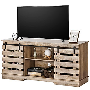 YITAHOME Farmhouse TV Stand for 65/60/ 55 Inch TV, Rustic Modern Entertainment Center for 300 lbs with Sliding Barn Door, Wood TV Media Console Storage TV Cabinet for Living Room, Grey Wash
