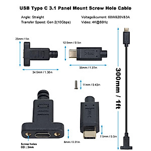 Poyiccot USB 3.1 Type C Extension Cable, USB C Extension Cable Short, USB C Panel Mount 10Gbps 60W USB C Extender Cable for Data & Sync (Straight USB C Male to Female), 1ft/30cm