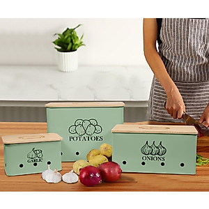 Xbopetda Canister Sets for Kitchen Counter, Kitchen Canisters Set of 3 for Potato Onion Garlic, Kitchen Storage Bin Jars Pots with Aerating Tin Storage Holes & Wooden Lid (Green)