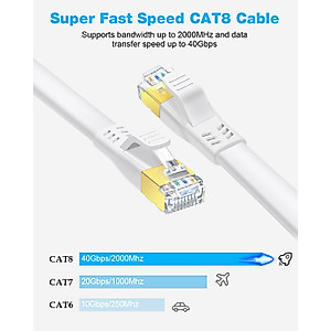 DDMALL CAT8 Ethernet Cable 100ft, High Speed 40Gbps 2000MHz Shielded S/FTP, Flat Gigabit Network LAN Patch Cord with RJ45 Connector for Gaming, PS5, PS4, PS3, Xbox, Router, Modem (100ft White)