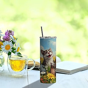 Tumbler with Lid and Straw Cartoon Animals in Flowers thermos coffee travel mugcute cups 20 oz insulated tumbler for Daily Holiday Decor Gift coffee cup