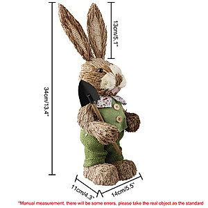 Alapaste Standing Easter Bunny Figures,14.2inch Funny Sisal Easter Bunny Holding Shovel Wearing Green Nest for Party and Home Garden Decor, for Kids