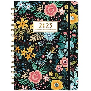 2023 Planner – Weekly and Monthly Planner 2023, Jan 2023 – Dec 2023, 2023 Weekly Monthly Planner with Monthly Tab, 8.46" x 6.37", Twin-Wire Binding, Thick Paper, Back Pocket, Elastic Closure - Black Pattern